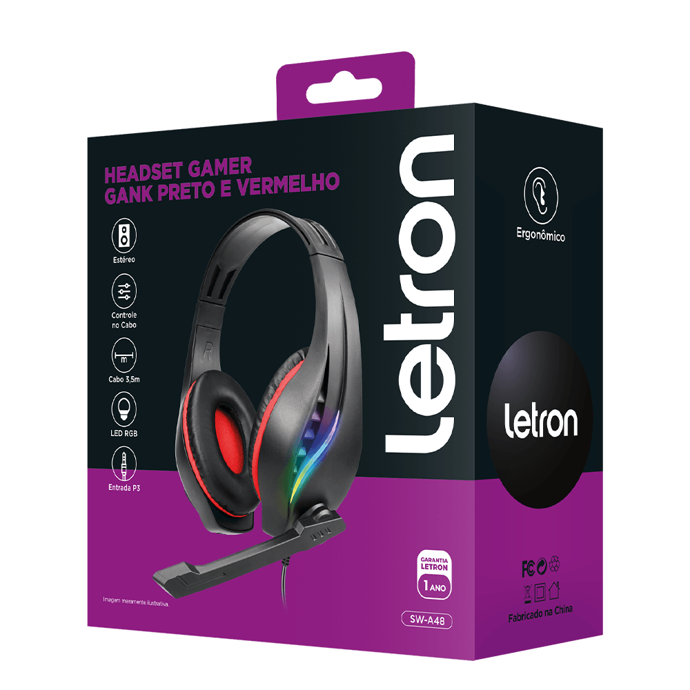 Headset Gamer Gank Preto E Vermelho Led Driver 40 Mm Cabo/ 3,5M Letron ...
