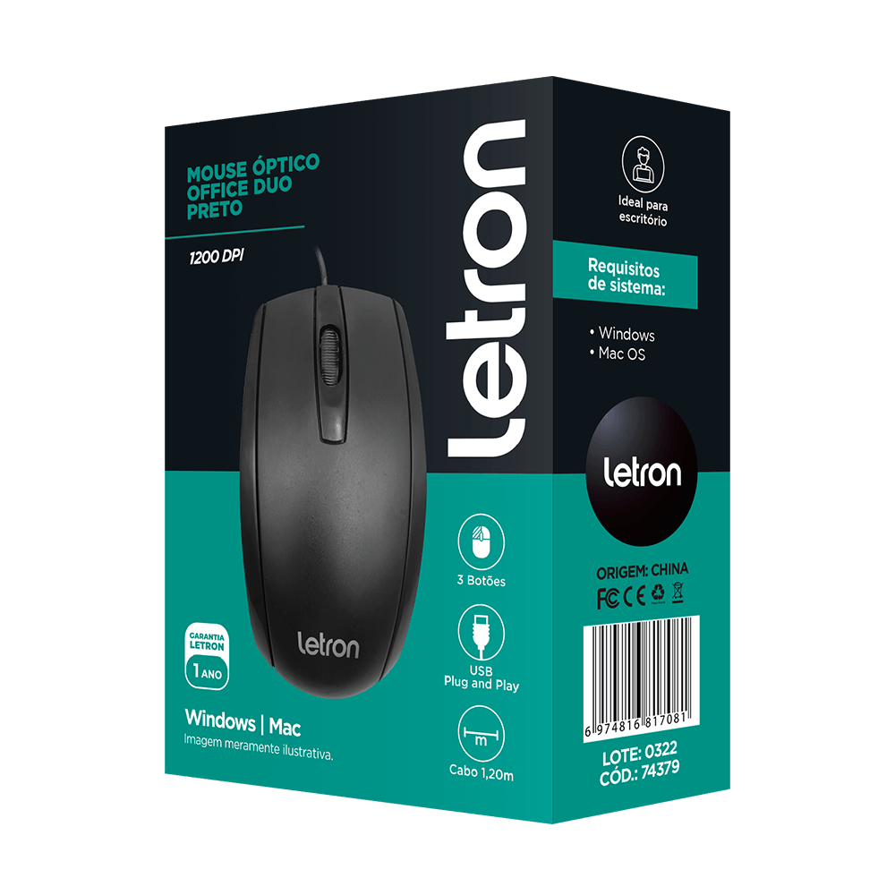 Mouse Optico Office Duo Preto Fio/Usb Ergonomico 3D Letron - leonora