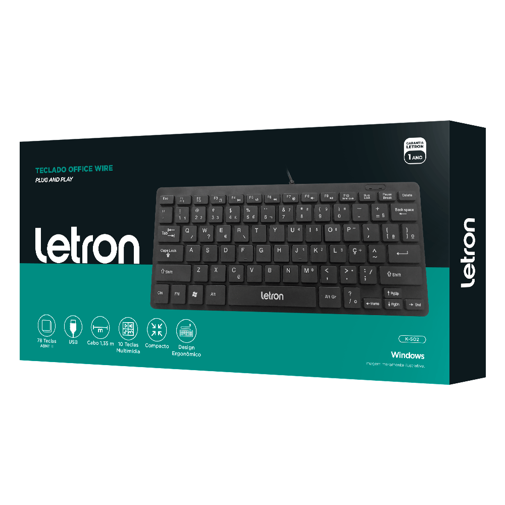 Teclado Office Wire Controle De Midia Ergonomico Preto Letron - leonora